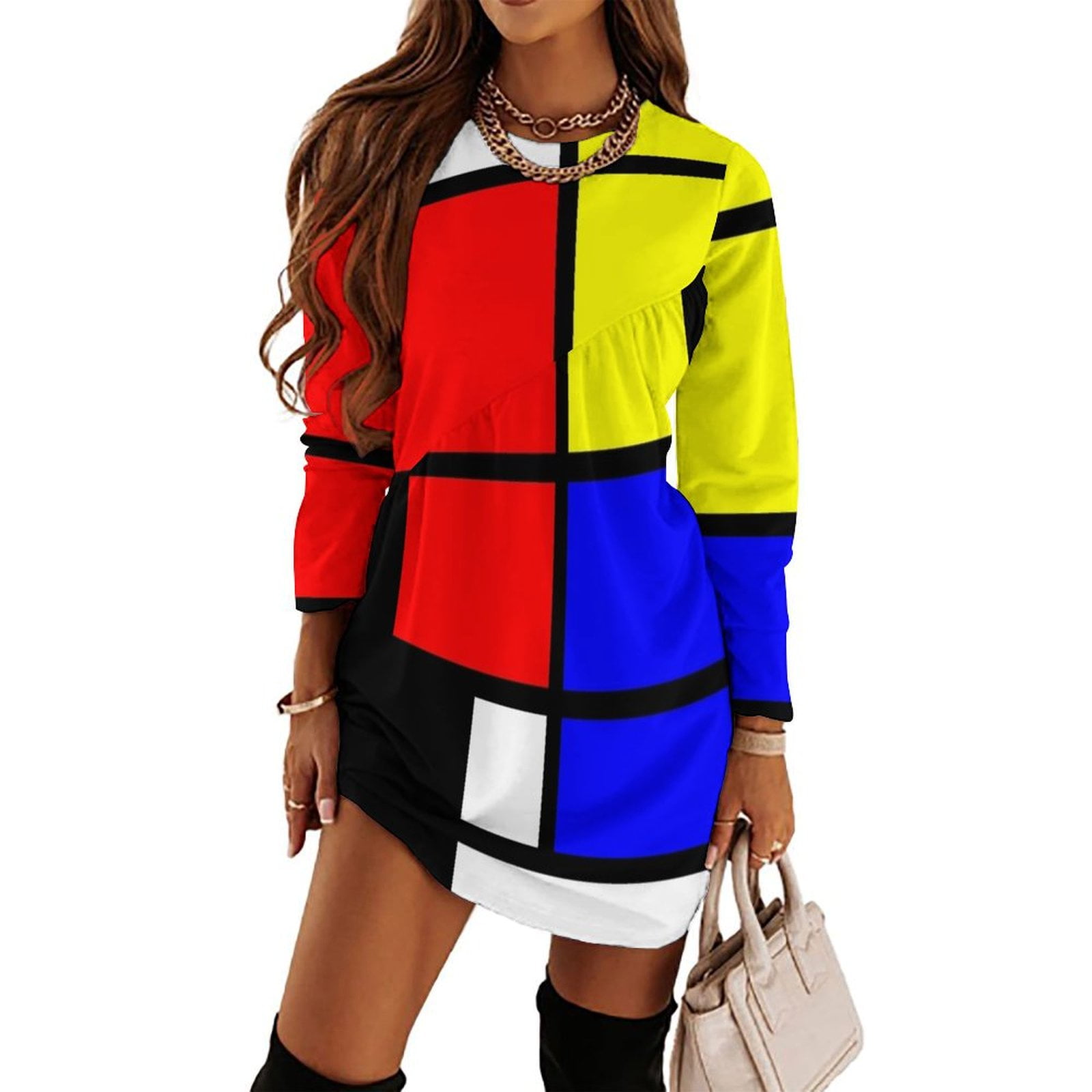 Mondrian style art deco design in basic colors Long Sleeved Dress ...