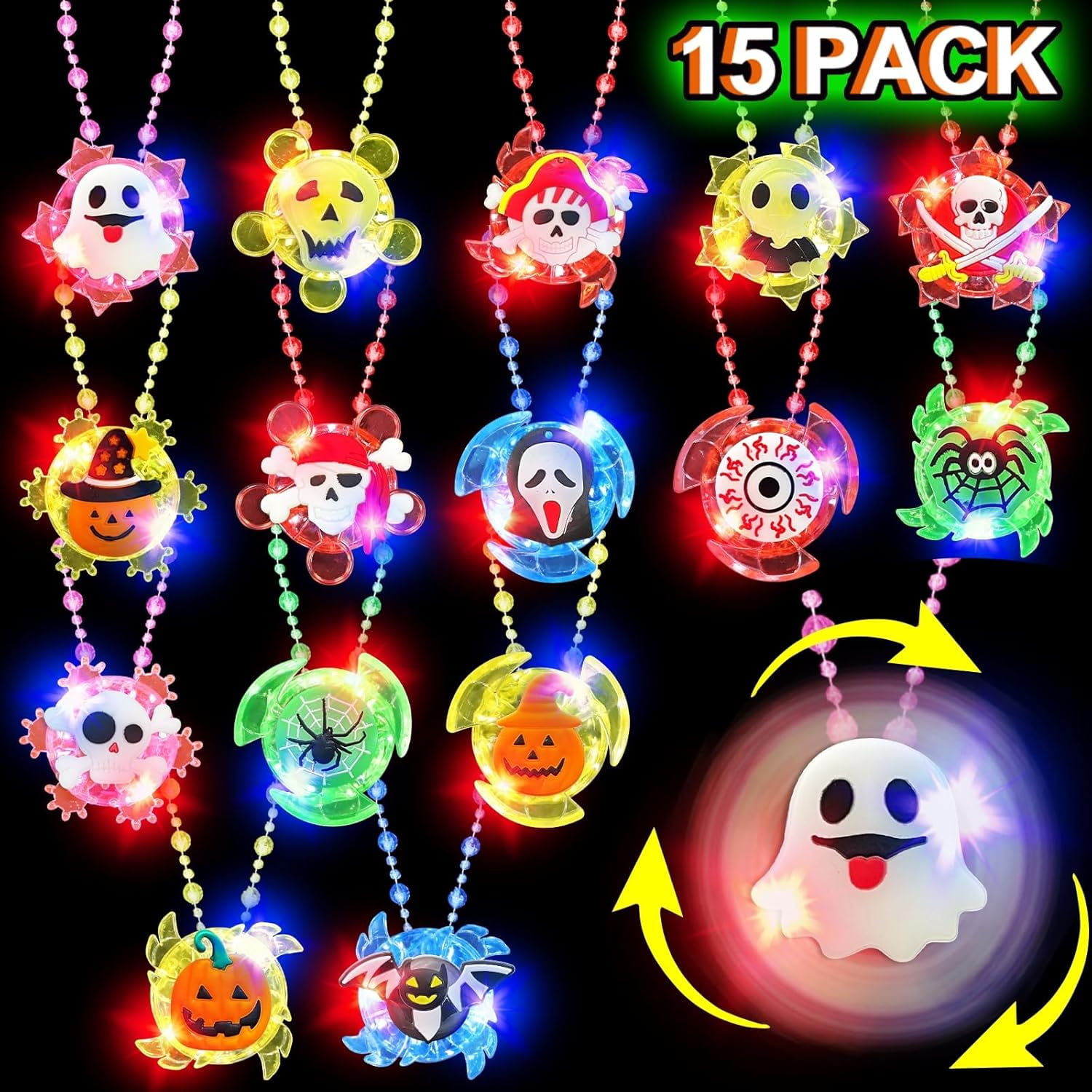 Monebena 15 Pack Halloween Spin LED Necklaces Toys Party Favors Toys ...