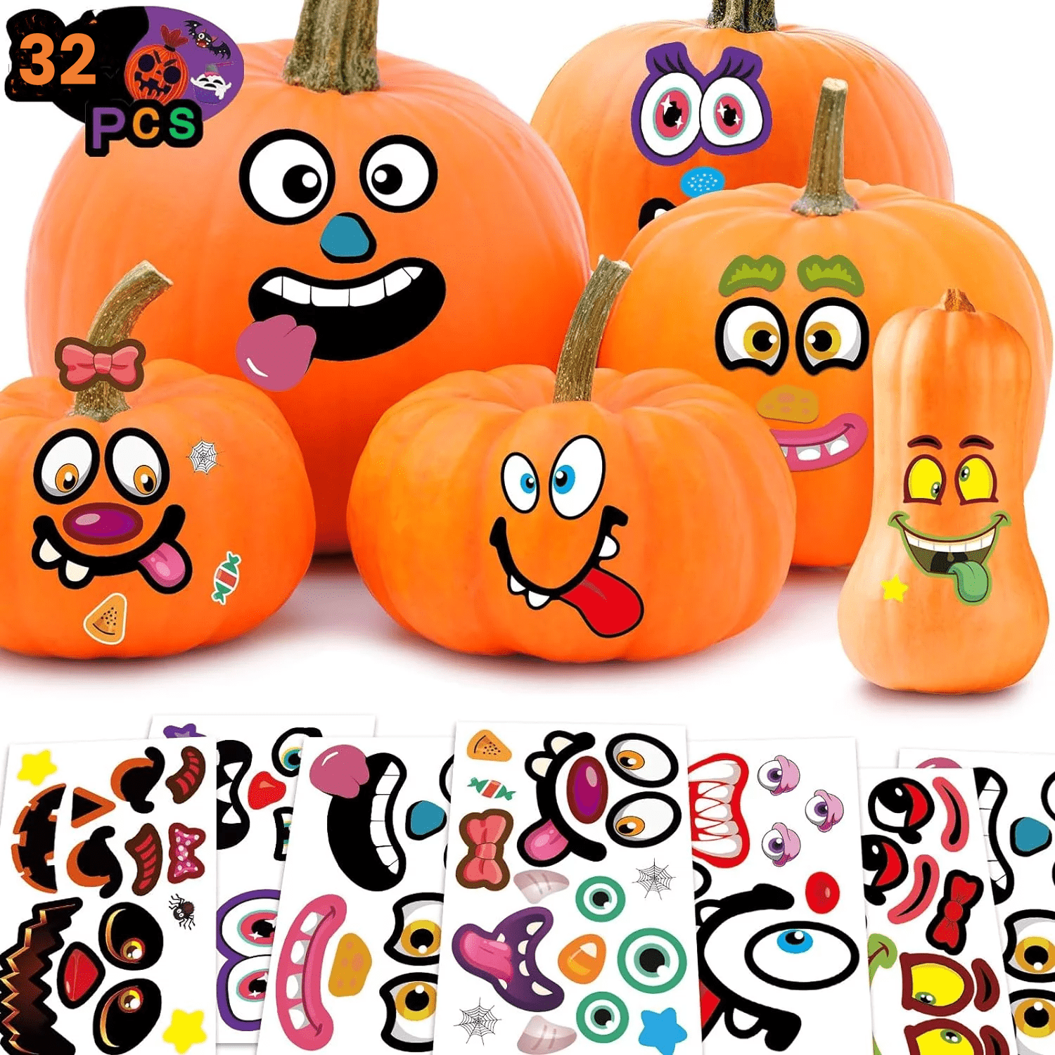 Monebena Halloween Pumpkin Decorating Craft Stickers: 32 Sheet in 16 ...