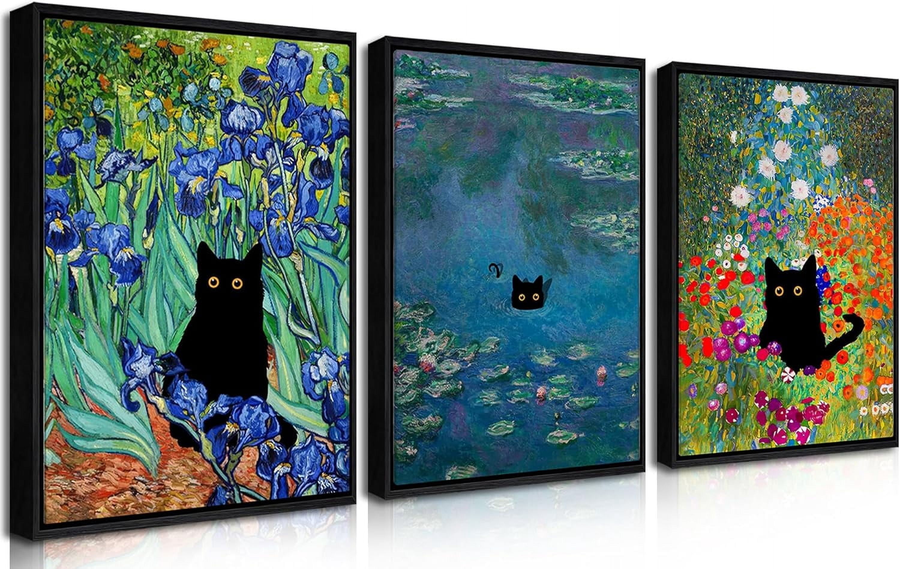 Monet Wall Art Set of 3 - Funny Cat in Water Lilies Canvas Paintings ...