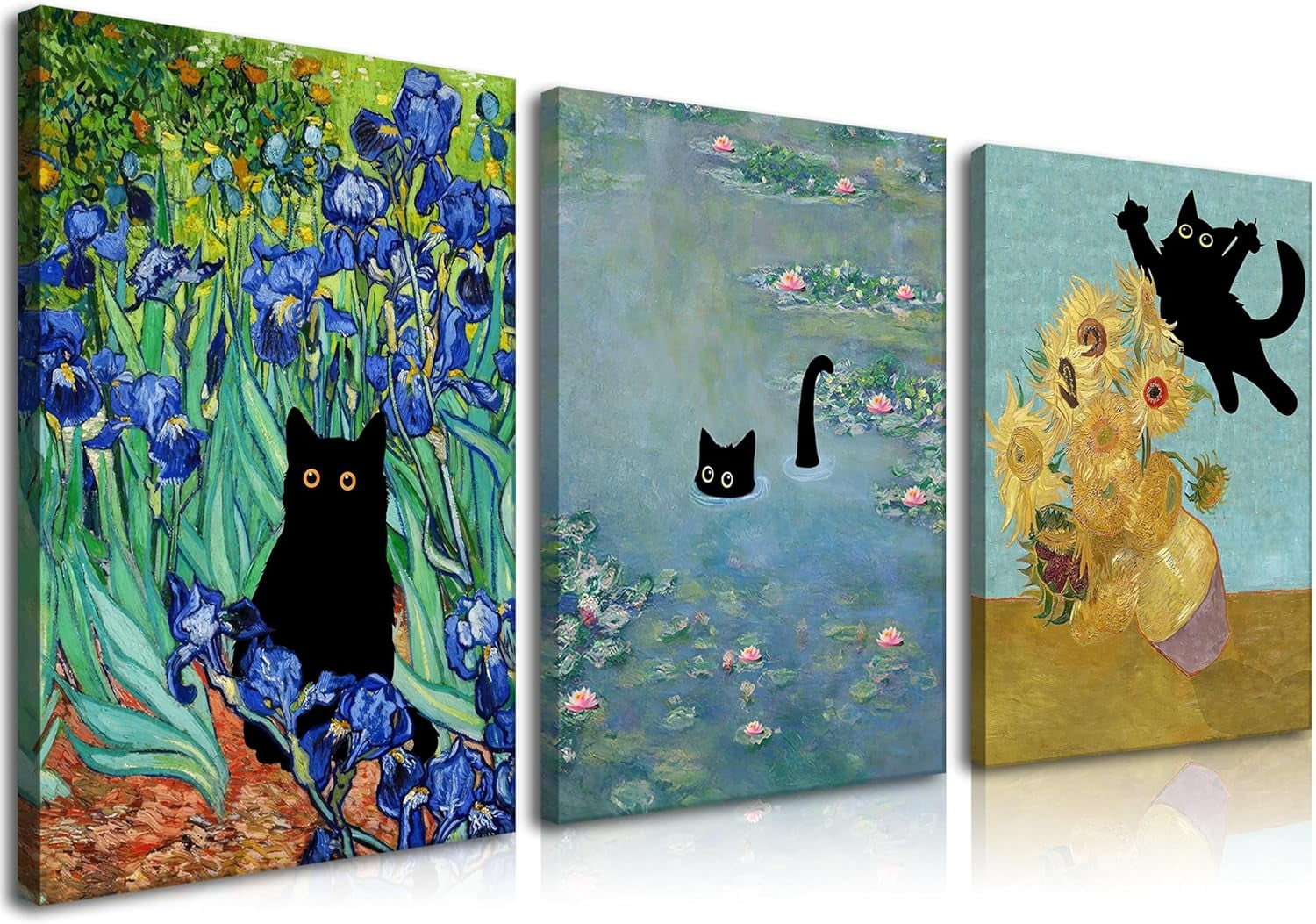 Monet Wall Art Set of 3 - Funny Cat in Water Lilies Canvas Paintings ...