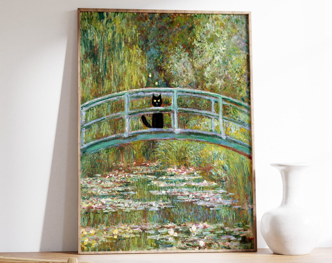 Monet Waterlily Cat Print, Claude Monet Cat Poster, Cat Art, Floral ...