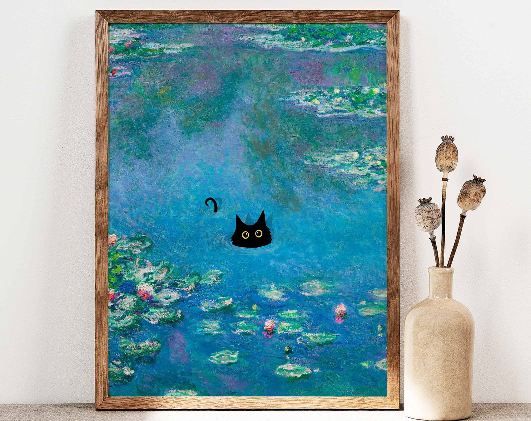 Monet Waterlily Cat Print, Claude Monet Cat Poster, Black Cat Art ...