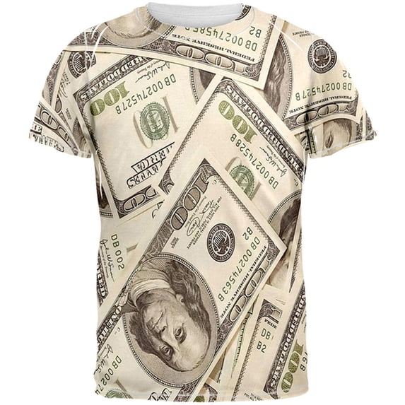 100 Dollar Bill Graphic Print, Adult Short Sleeve Polyester Tee Shirt ...