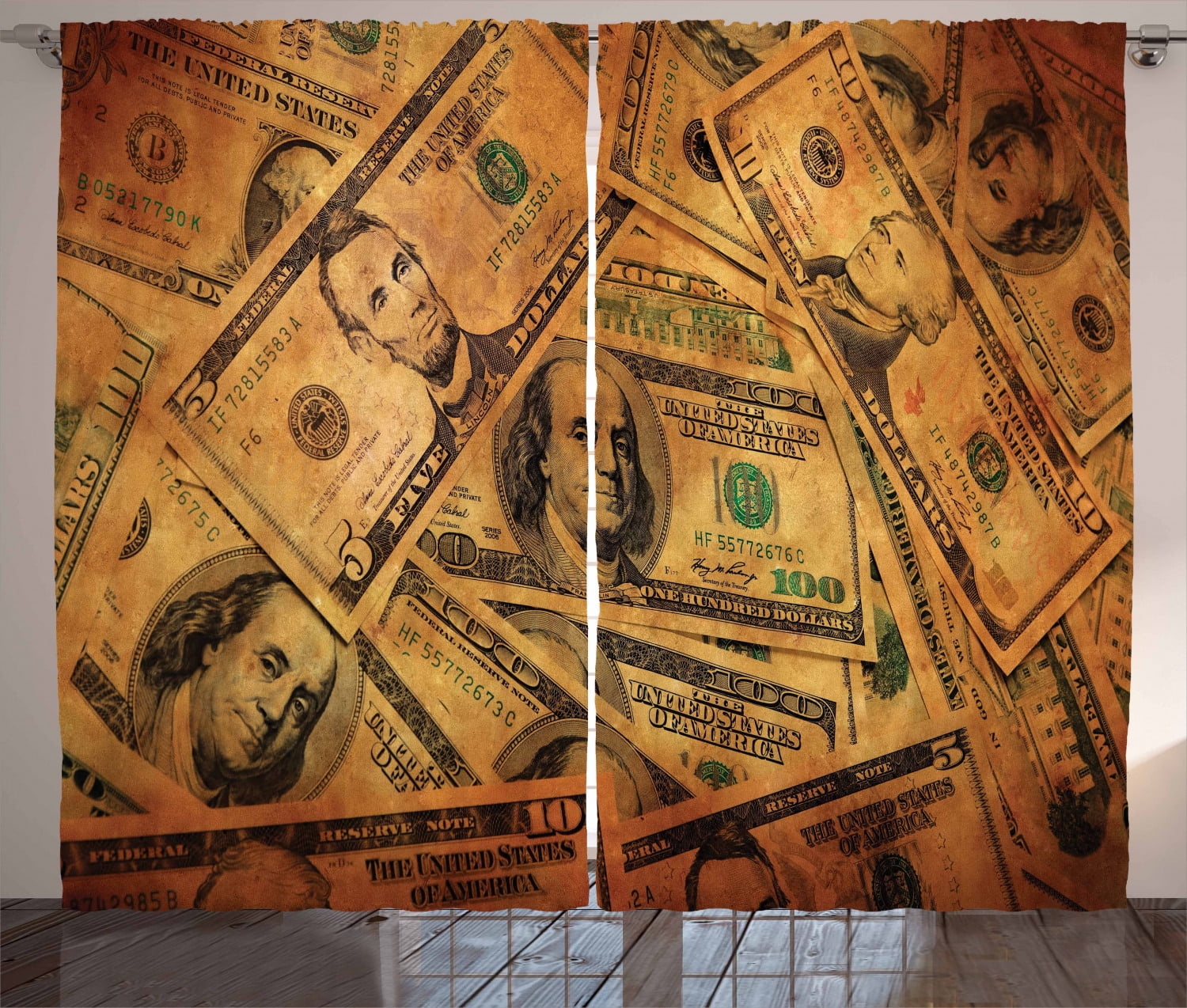 Money Curtains 2 Panels Set, Grunge Style Background with Fiver Sawbuck ...