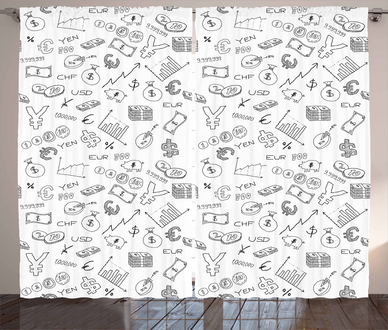 Ambesonne Money Curtains 2 Panel Set, Monochrome Dollar Doodle, 108" x ...