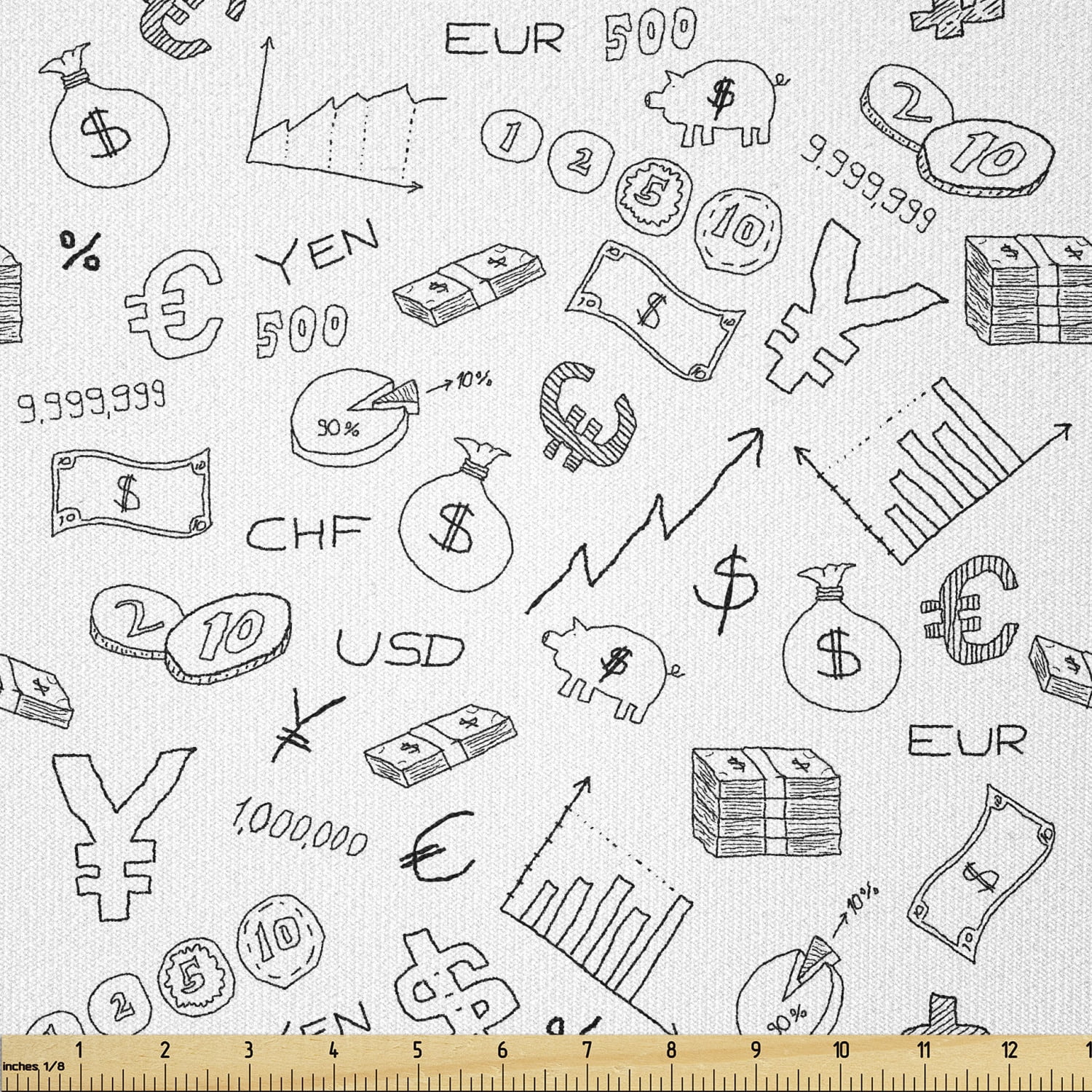 Money Fabric by The Yard, Monochrome Pattern with Euro Dollar Yen Coins ...