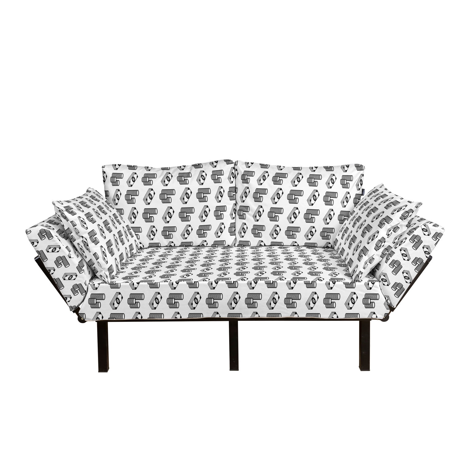 Money Futon Couch, Monochrome Stacked Coins and Dollar Bills Simple ...