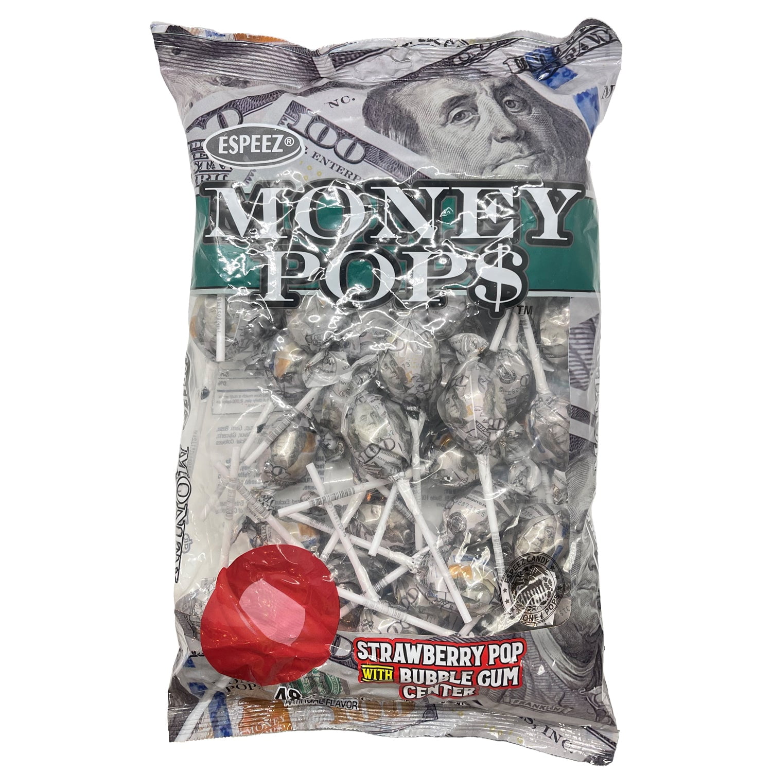 Money Pop$ Kids Candy - Strawberry Lollipops with Bubble Gum Center, 48 ...