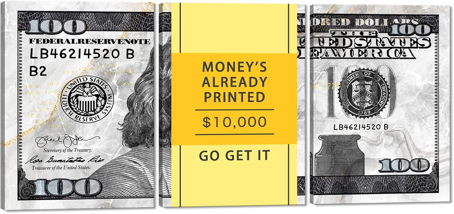 Money Posters Wall Art 3 Panels 100 Dollar Bill Pictures Canvas Prints ...
