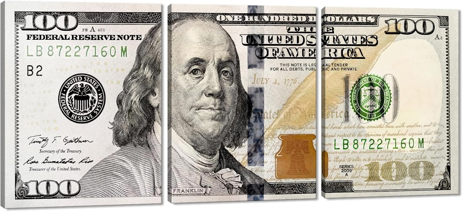 Money Posters Wall Art 3 Panels 100 Dollar Bill Pictures Canvas Prints ...