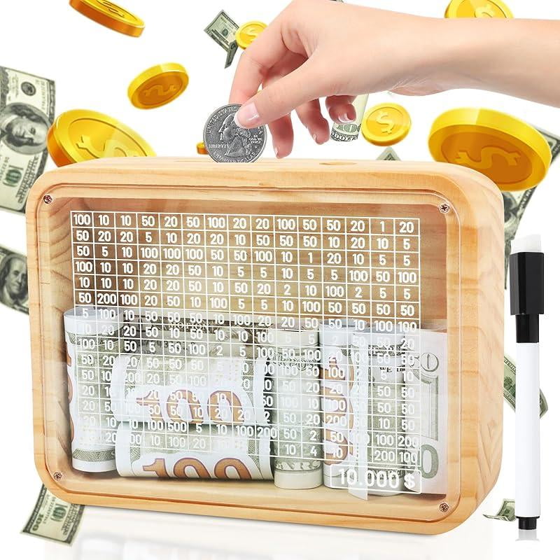 Money Saving Box, Wooden Bank for Boys and Girls, Reusable Cash Vault ...