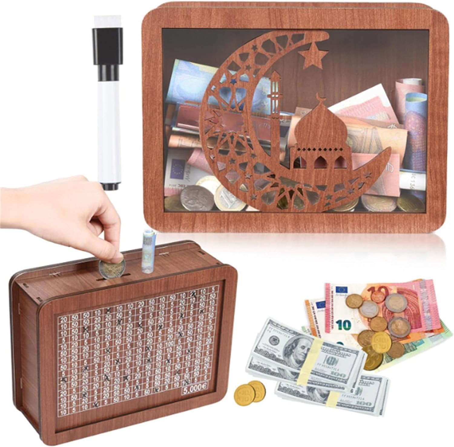 Money Saving Box, Wooden Money Box with Money Target and Numbers ...