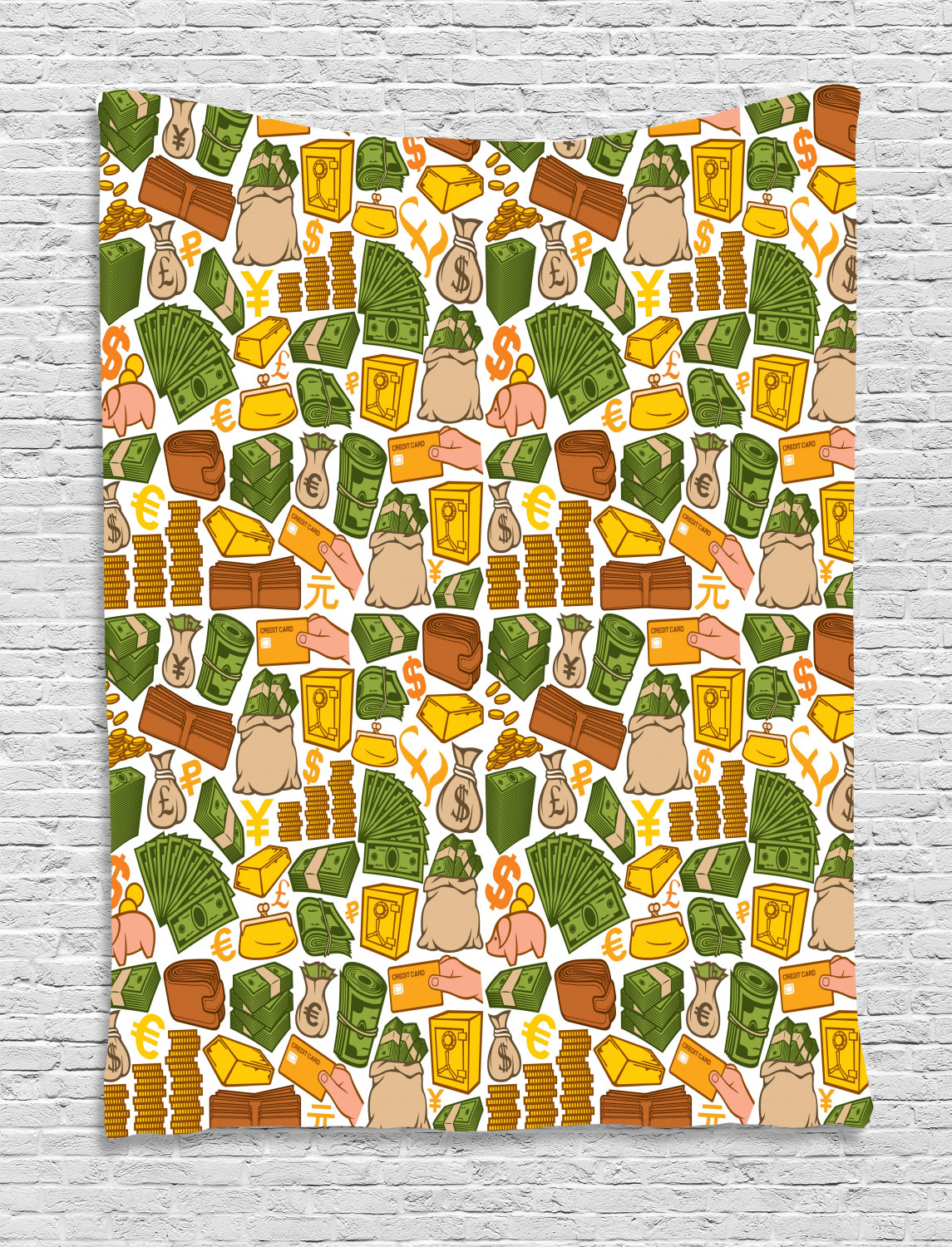 Money Tapestry, Colorful Symbols of Richness Wallet Credit Card Icons ...