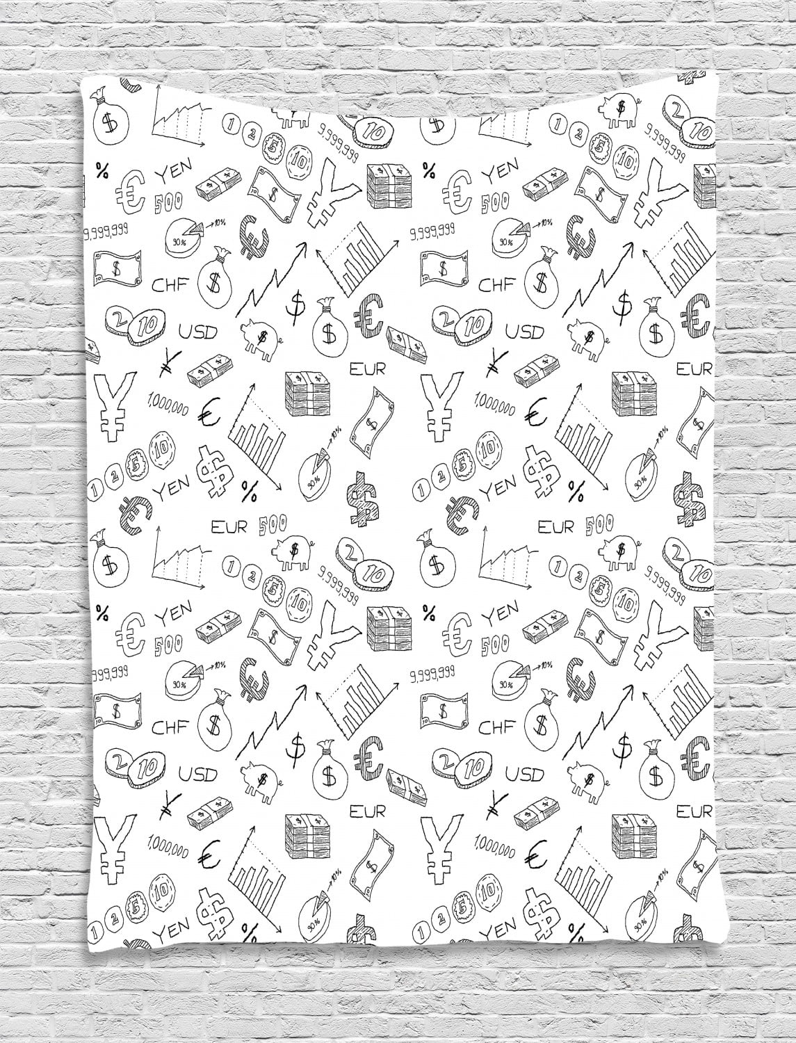 Money Tapestry, Monochrome Pattern with Euro Dollar Yen Symbols Coins ...
