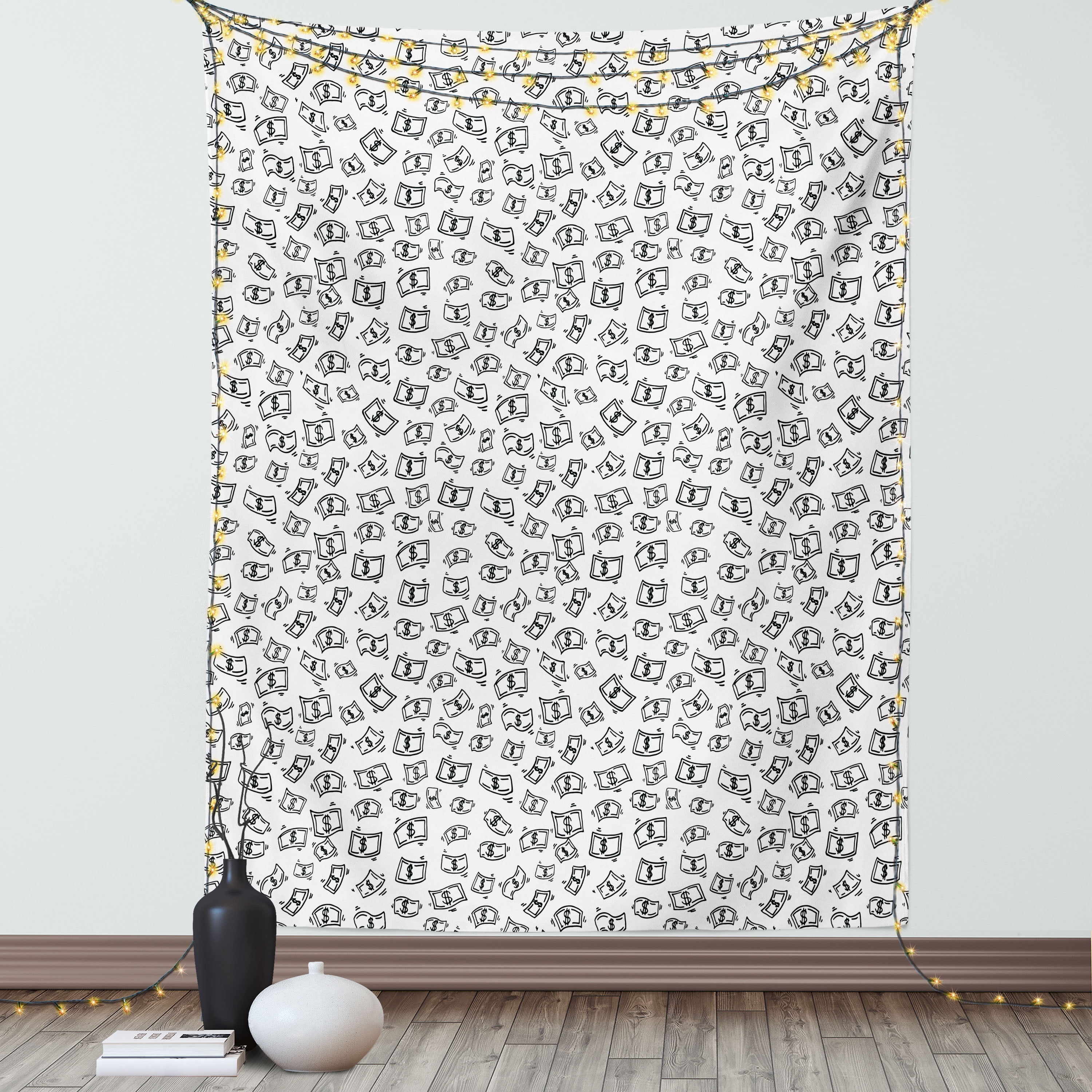 Money Tapestry, Sketch Style Monochrome Raining Dollar Bills Cash Money ...