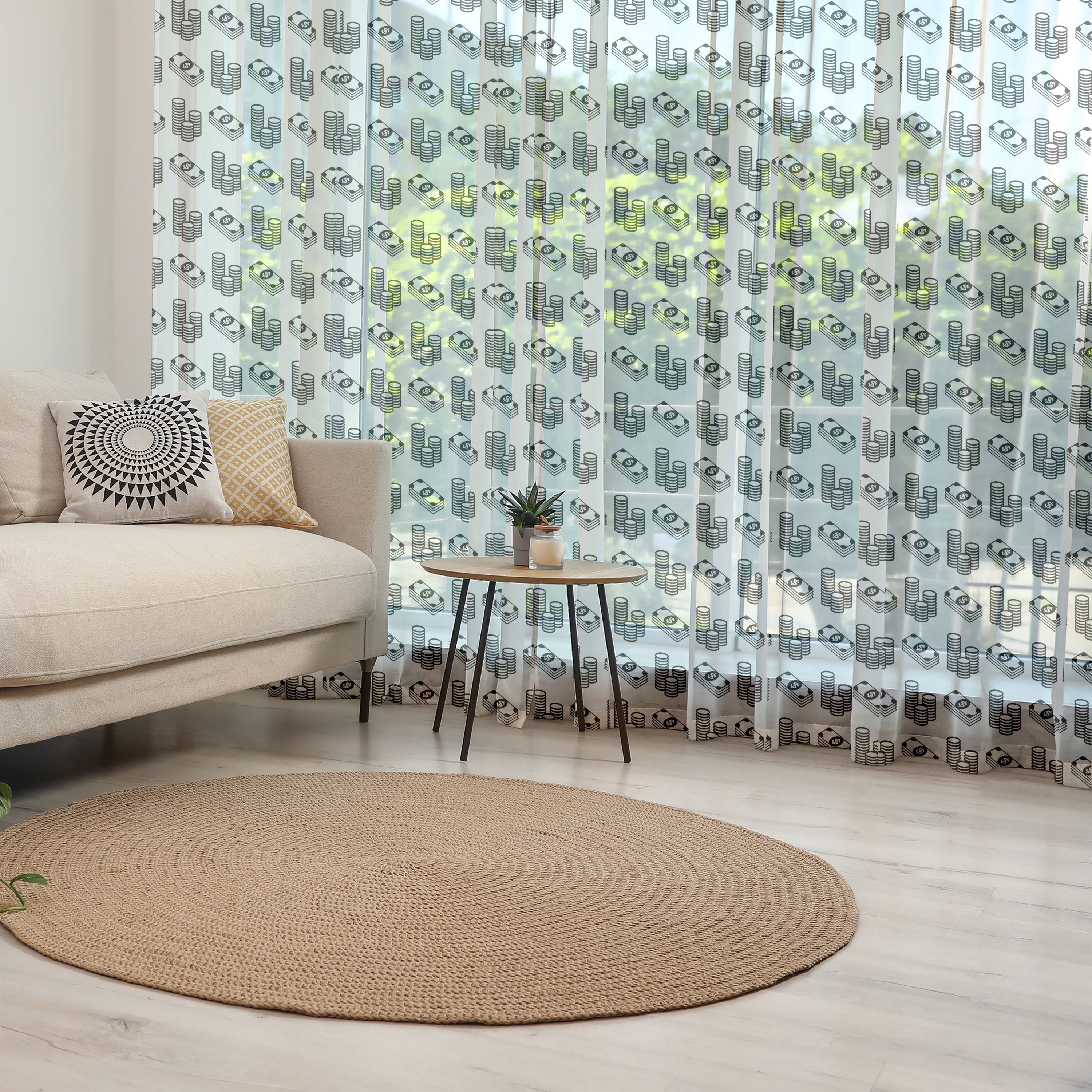 Money Tulle Curtains with Rod Pocket, Monochrome Stacked Coins and ...