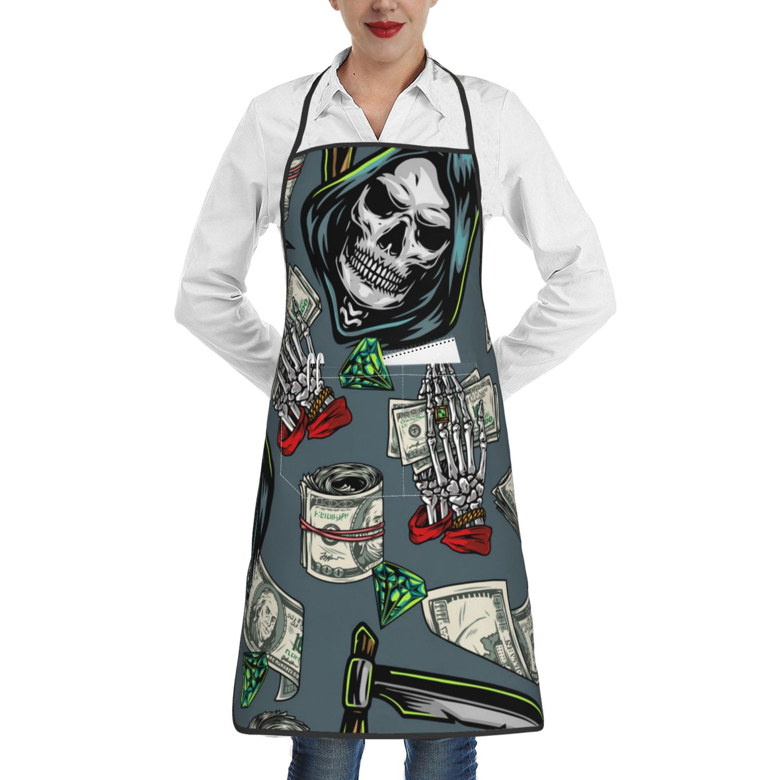 Money Vintage Reaper Grim Skull Apron with Pocket Cooking Waterproof ...
