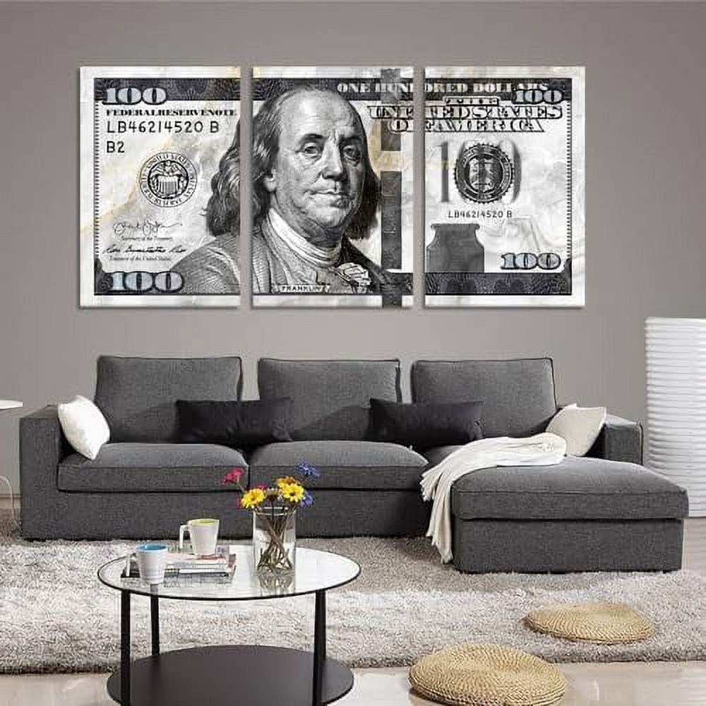 Money Wall Art 3 Panels 100 Dollar Bill Pictures Wall Decor Grey Money ...