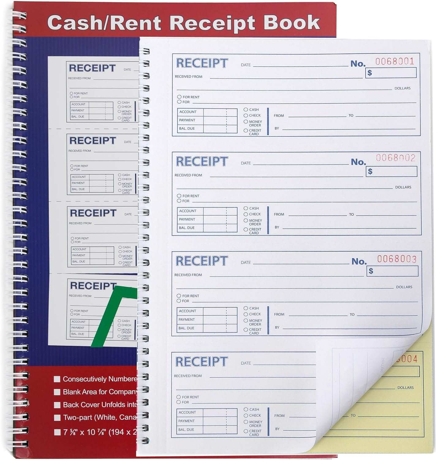 Money and Rent Receipt Book 2-Part Carbonless 7-5/8" x 11" Spiral Bound ...
