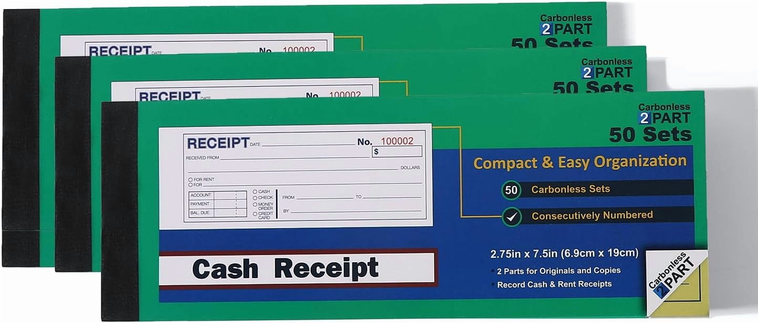 Money or Rent Receipt Book, 50 Sets 7 1/2" x 2 3/4" 2-Part Carbonless ...