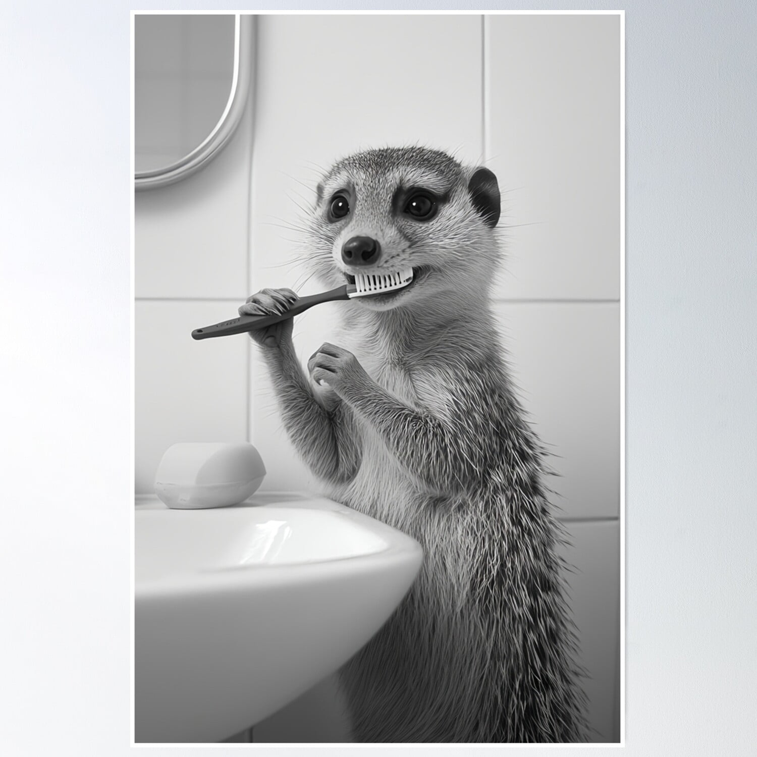 Mongoose Brushing Teeth, Animals In Bathroom Poster Wall Art, Modern ...
