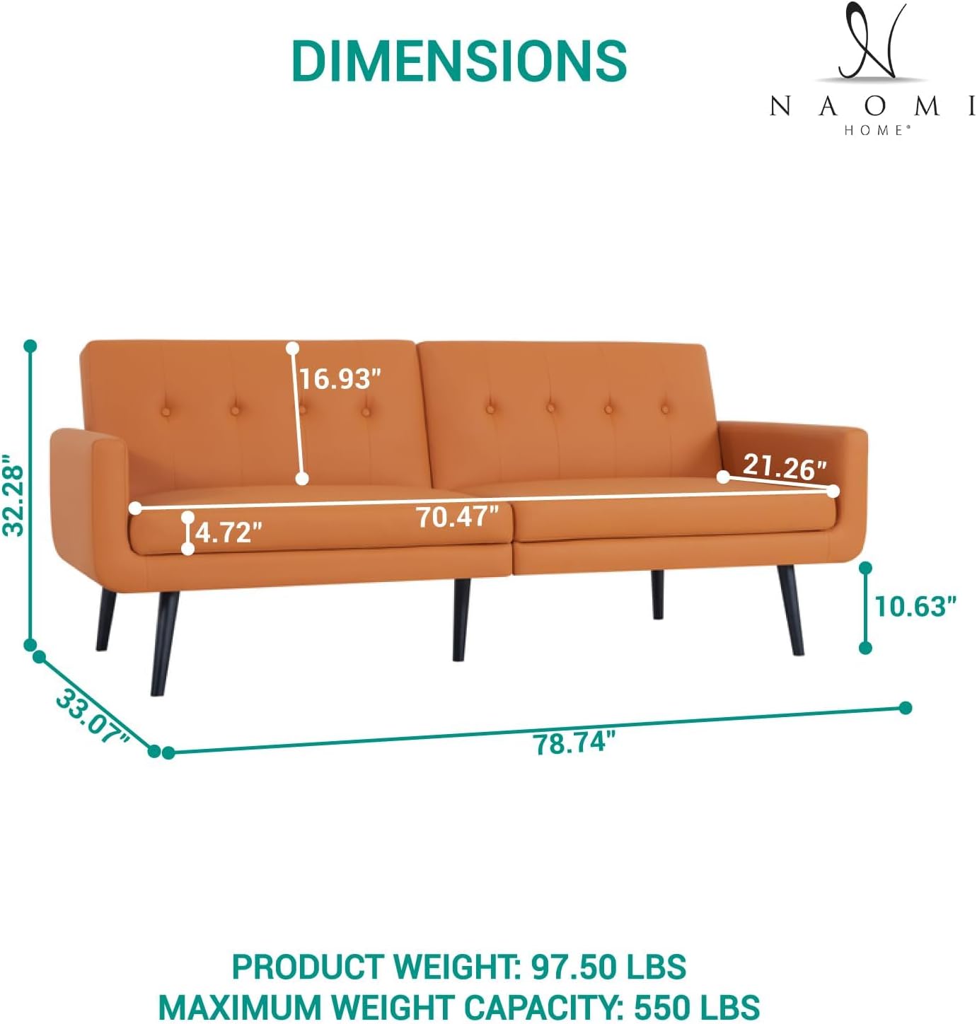 Monica Leather Futon Sofa Convertible Couch Bed Split Back Premium Air ...