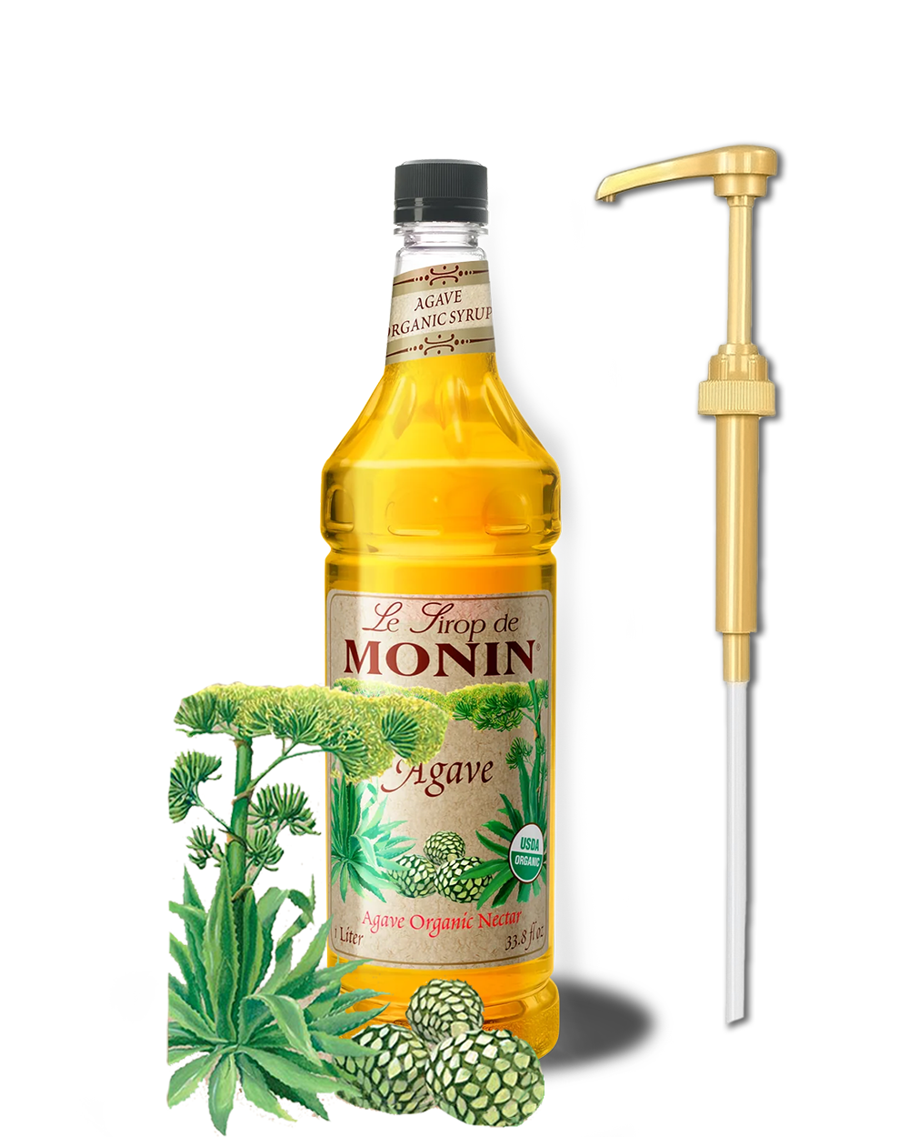 Monin Organic Agave Syrup 1L (33.8 fl oz) Plastic Bottle + Gold Pump ...