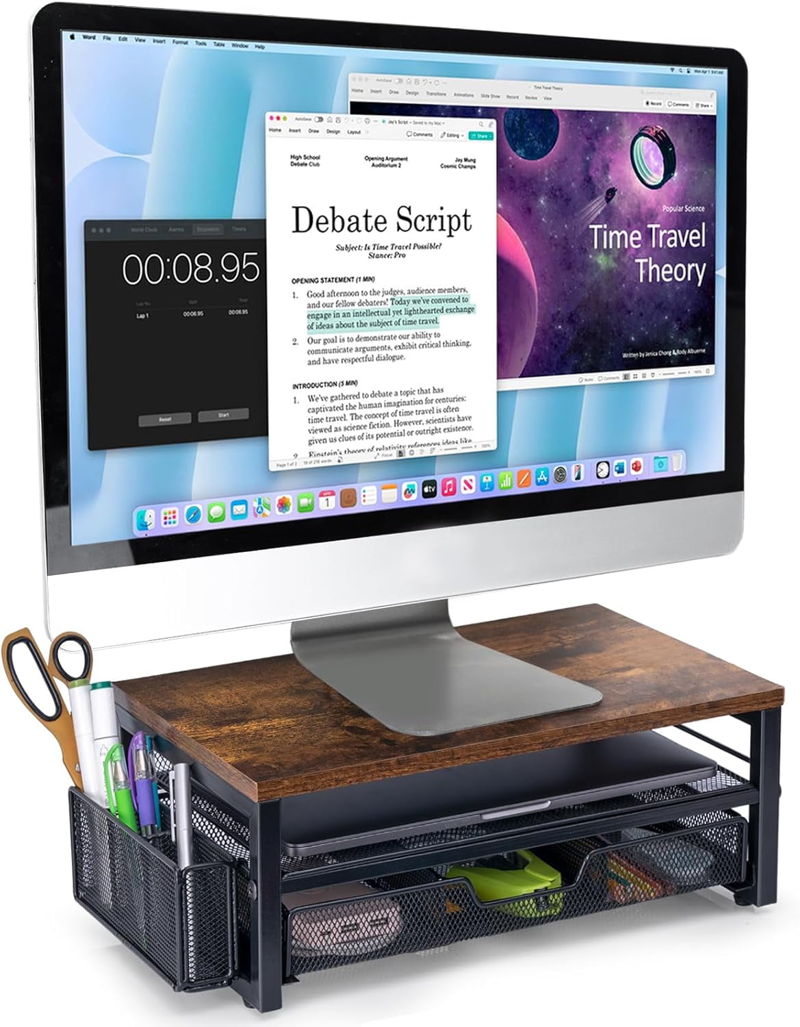 Monitor Riser with Drawers and Pen Holders, Wood & Mesh Metal Computer ...