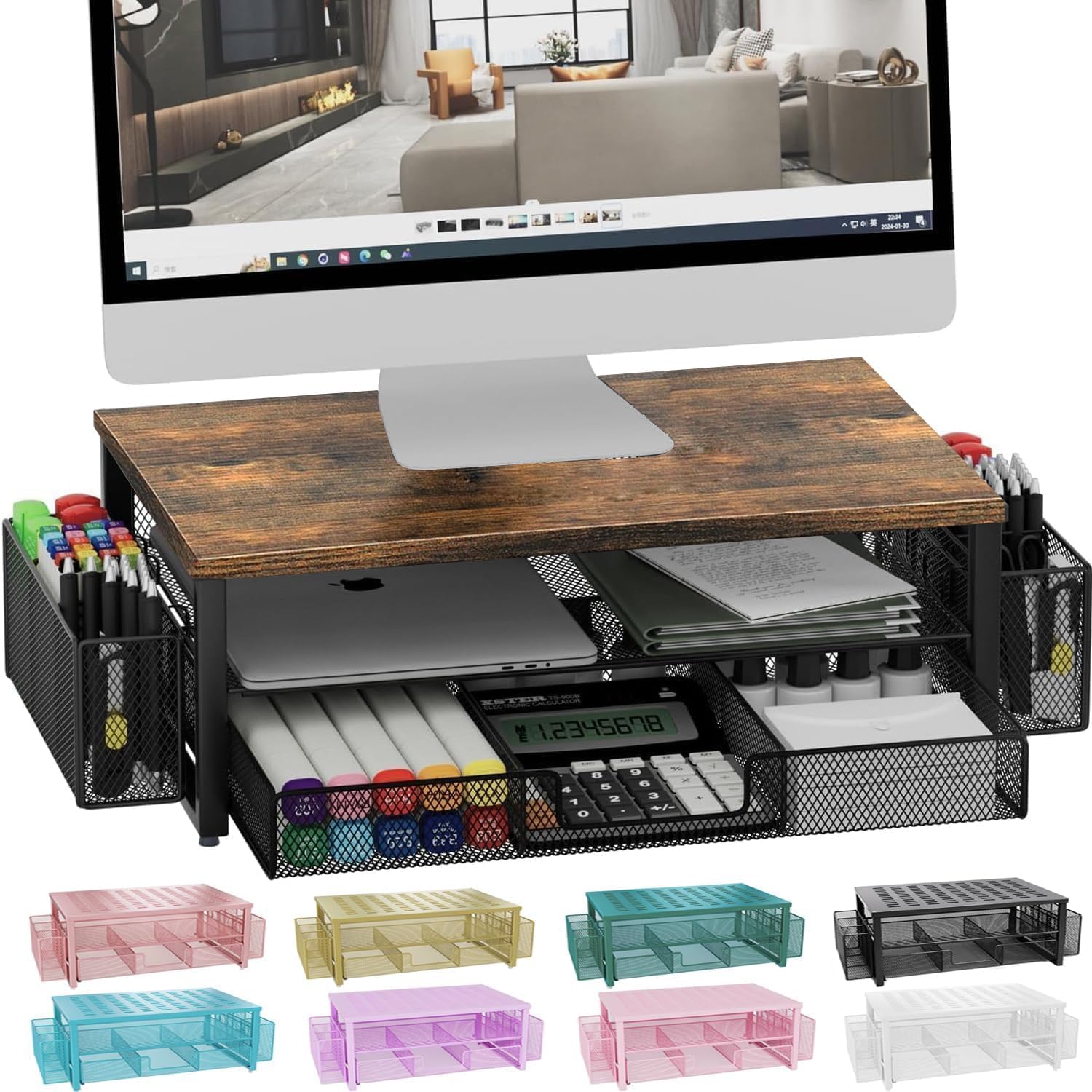 Monitor Stand Riser, 2-Tier Computer Stand with Desk Organizer, Drawer ...
