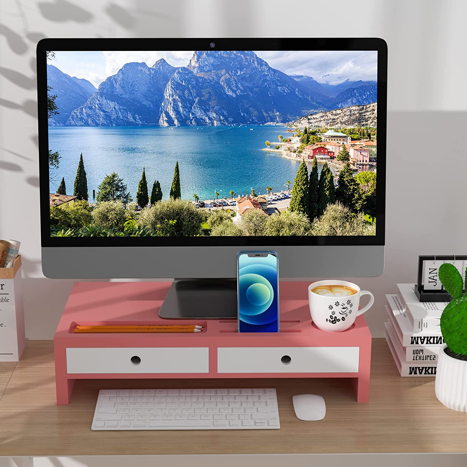 Monitor Stand Riser with Drawer - Pink & White Laptop Stand, Bamboo ...