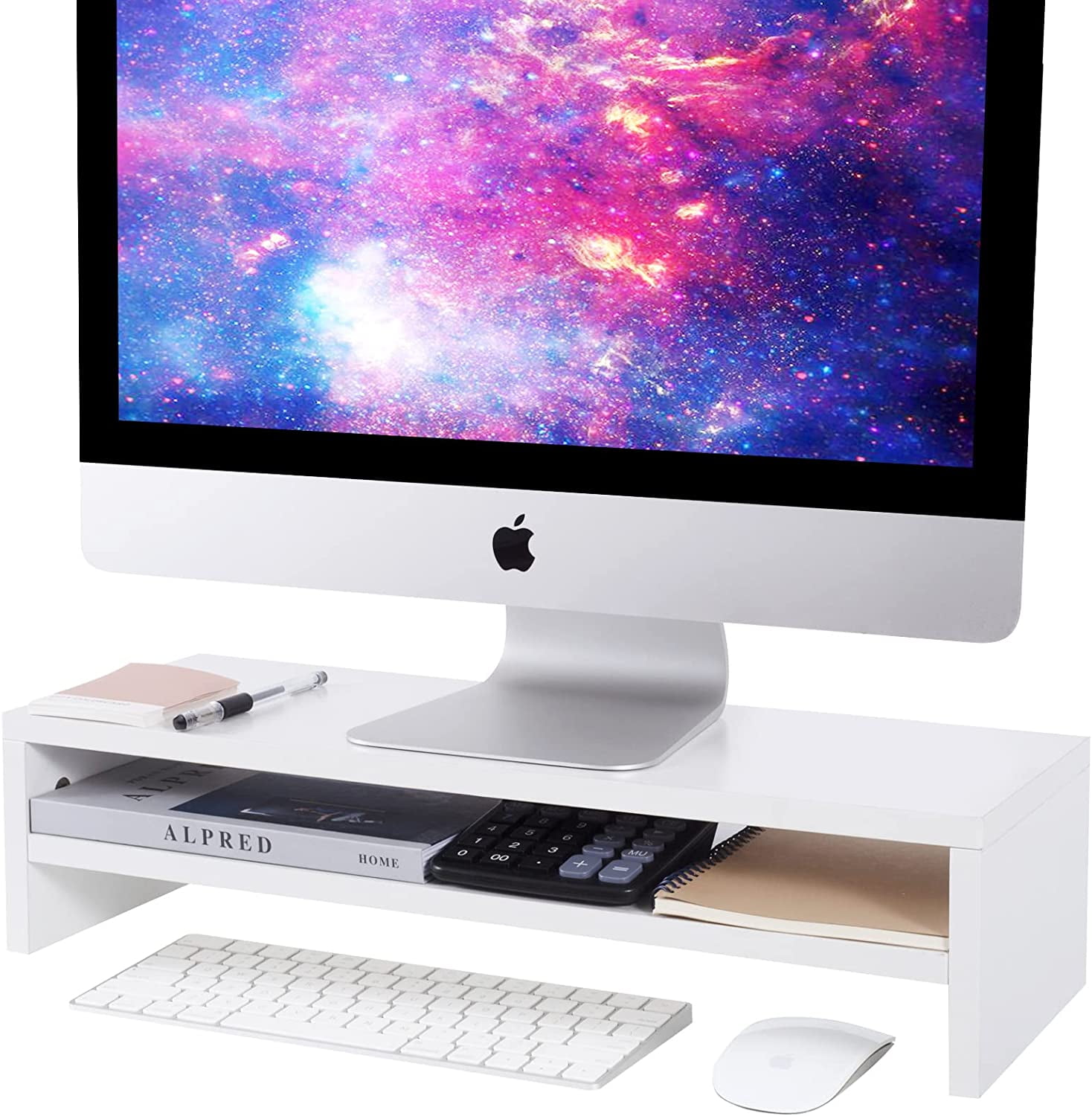 Monitor Stand Riser White, 21.6 inch 2 Tiers Wood Desk Shelf Computer ...