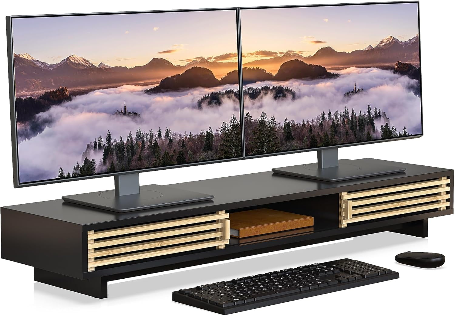 Monitor Stand Riser with Sliding Door, Desk Shelf with Storage (Black ...