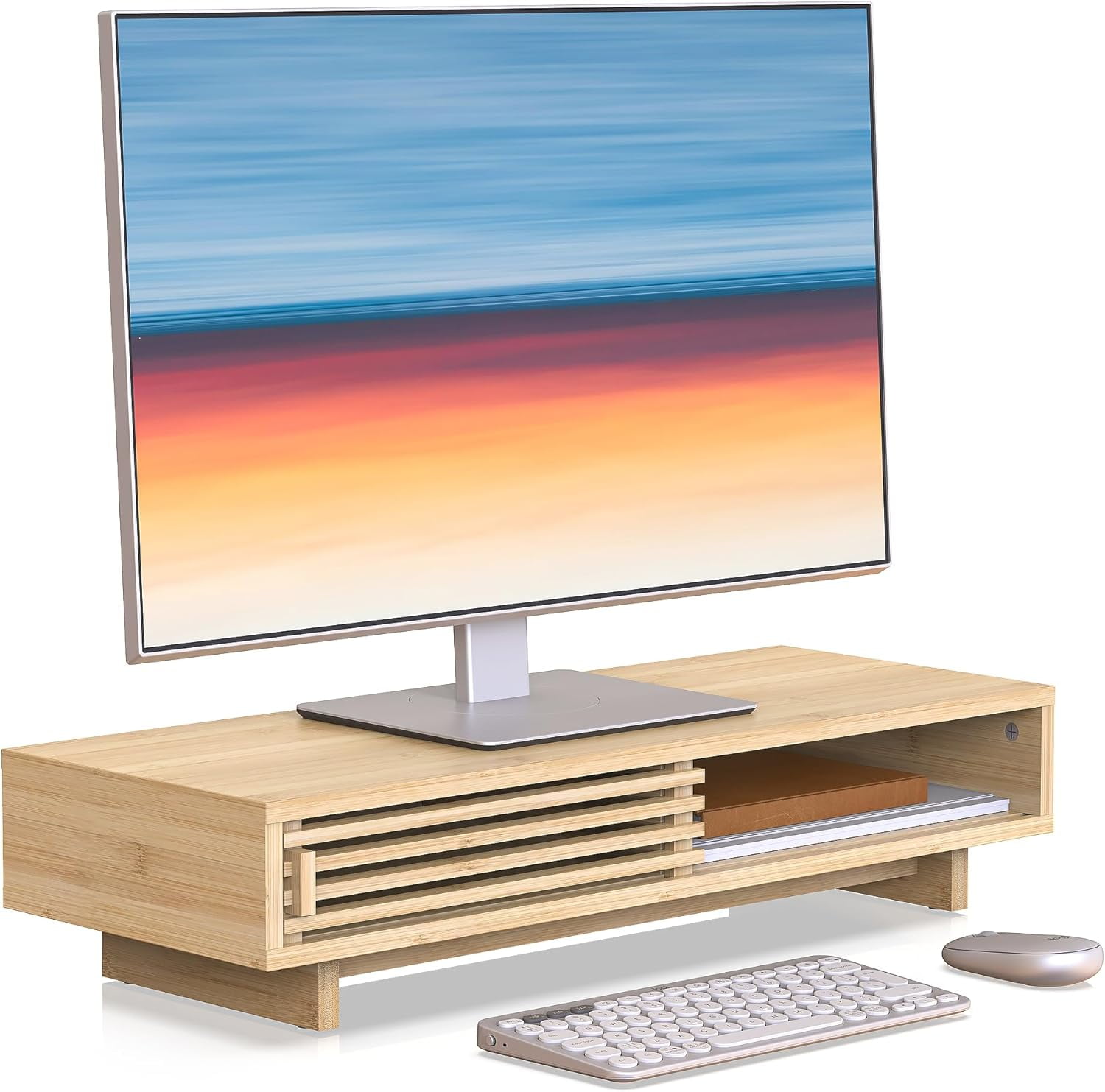 Monitor Stand Riser with Sliding Door, Desk Shelf with Storage (Natural ...