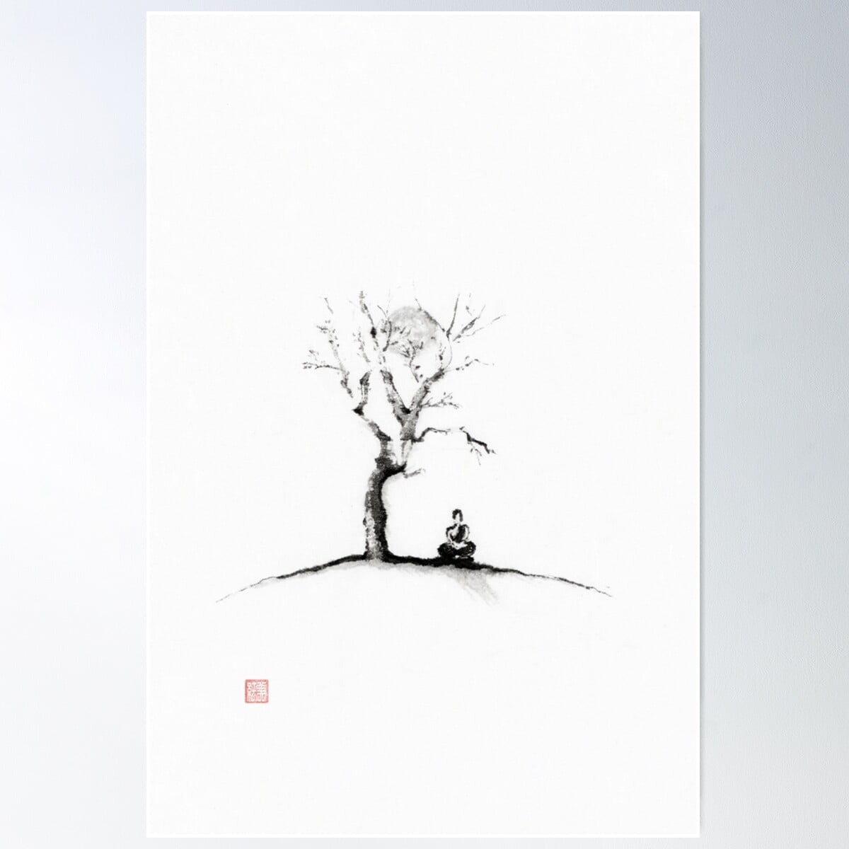Monk Meditating Under A Sakura Tree In Moonlight Japanese Zen Sumi-E ...