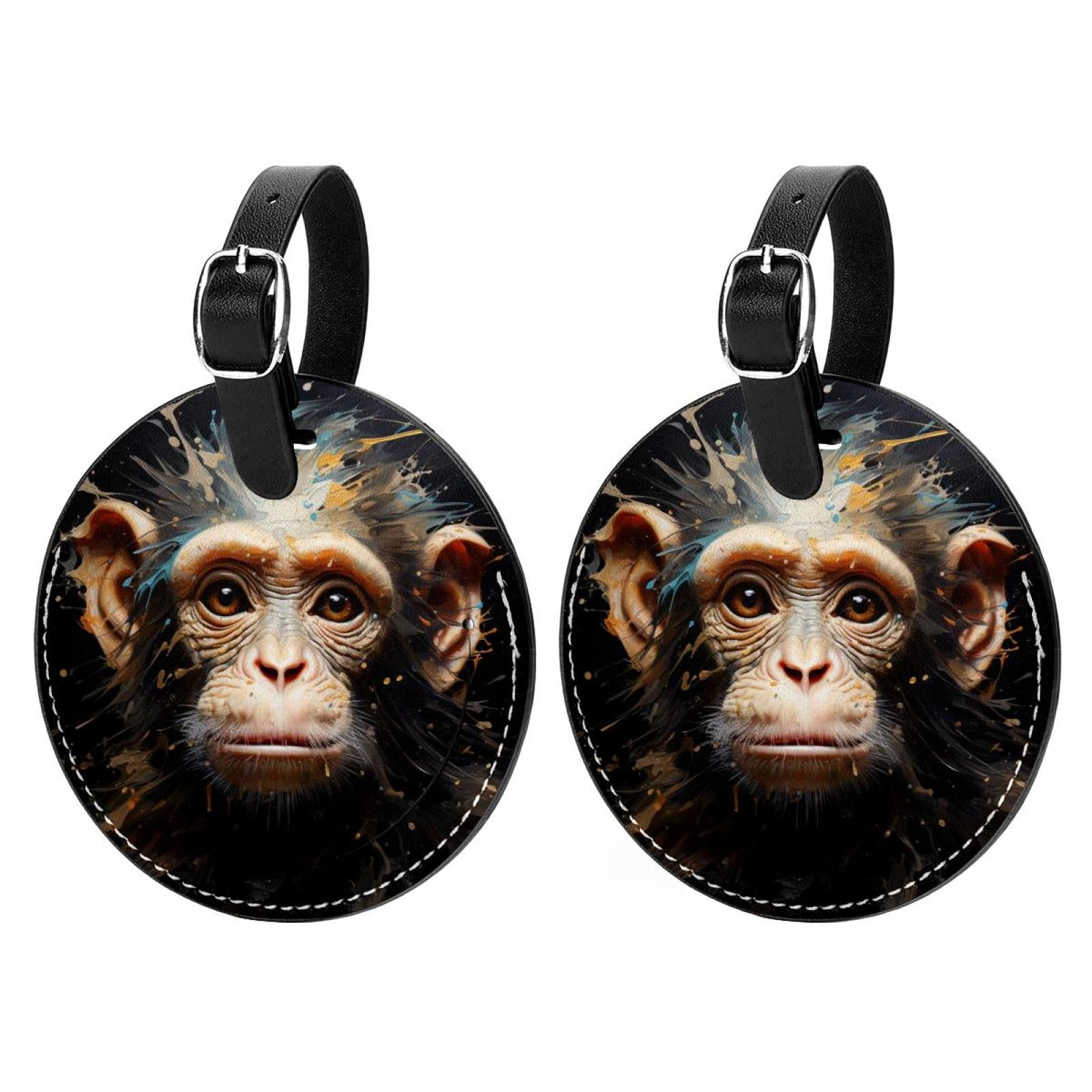 Monkey 2pcs PU Leather Round Bag Tags Suitcase Handbag Tags with ...