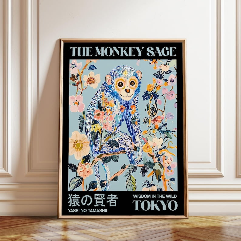 Monkey Art Poster - The Monkey Sage With Floral Patterns Wall Art - Van ...