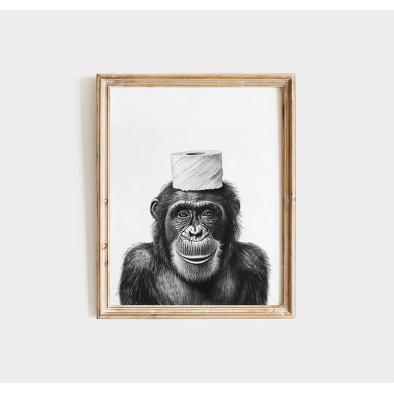 Monkey Bathroom Wall Art Funny Chimpanzee Toilet Paper Print Black ...