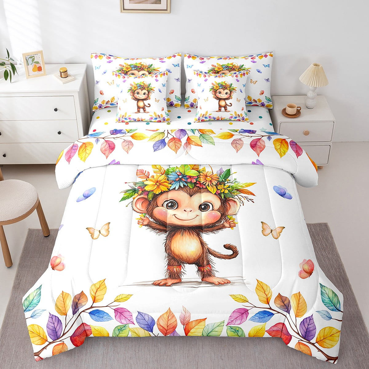 Monkey Bed in a Bag 7-Piece Watercolor Animals Queen Comforter Set, Woodland Wildlife Bedding ...