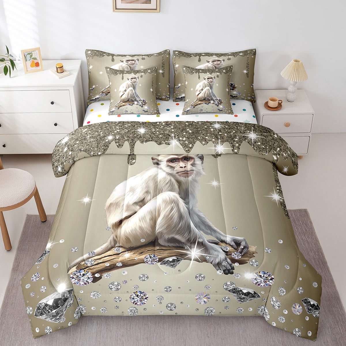 Monkey Bed in a Bag Queen Comforter Set 7 Piece,Brown Sequin Fluid Art ...