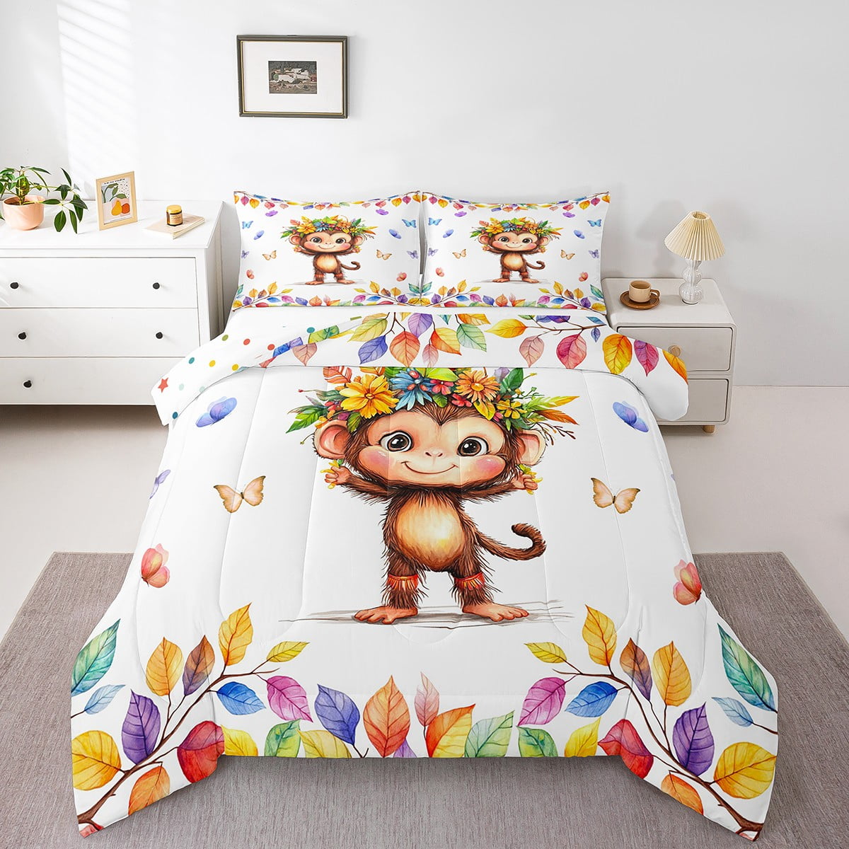 Monkey Bedding Full Size Watercolor Animals Comforter Set, Woodland ...
