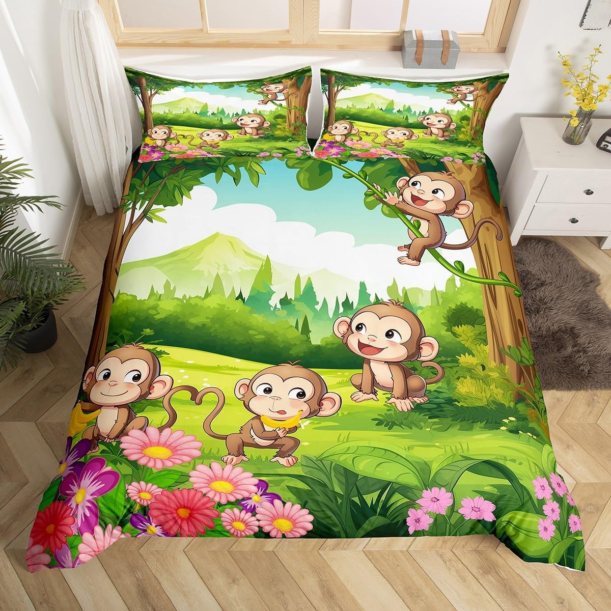 Monkey Bedding Set Plant Floral Decor Duvet Cover Cute Cartoon Theme ...
