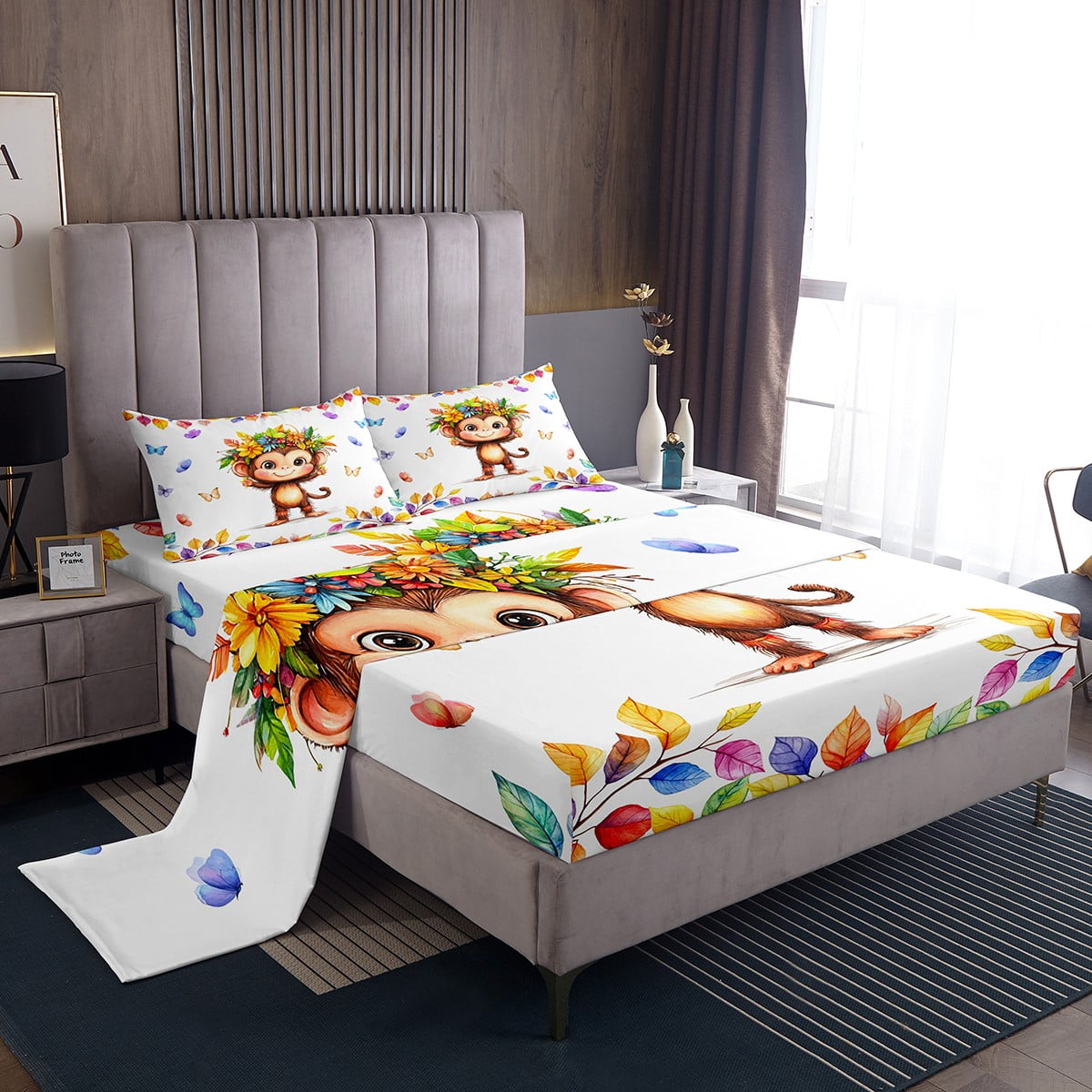 Monkey Bedding Twin Size Watercolor Animals Bed Sheets Set, Woodland ...