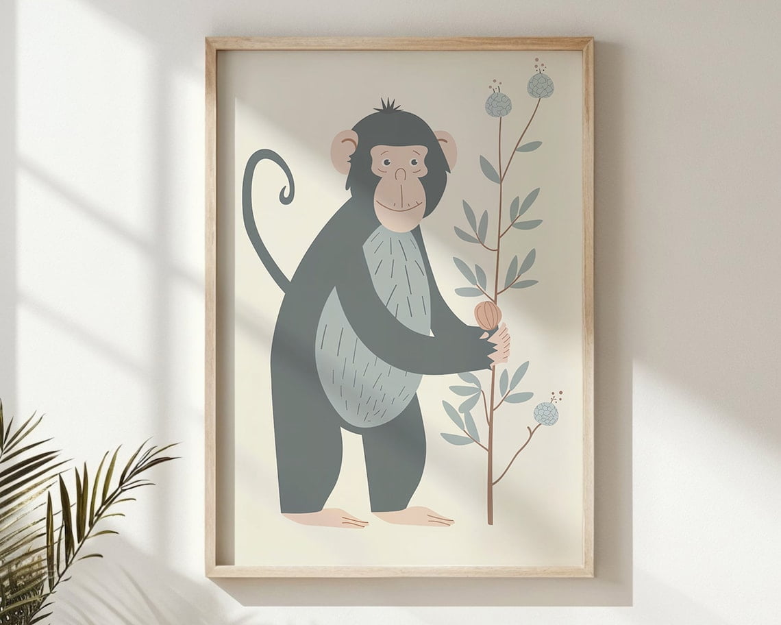 Monkey And Blueberries Nursery Wall Art, Kids Jungle Animal Poster ...