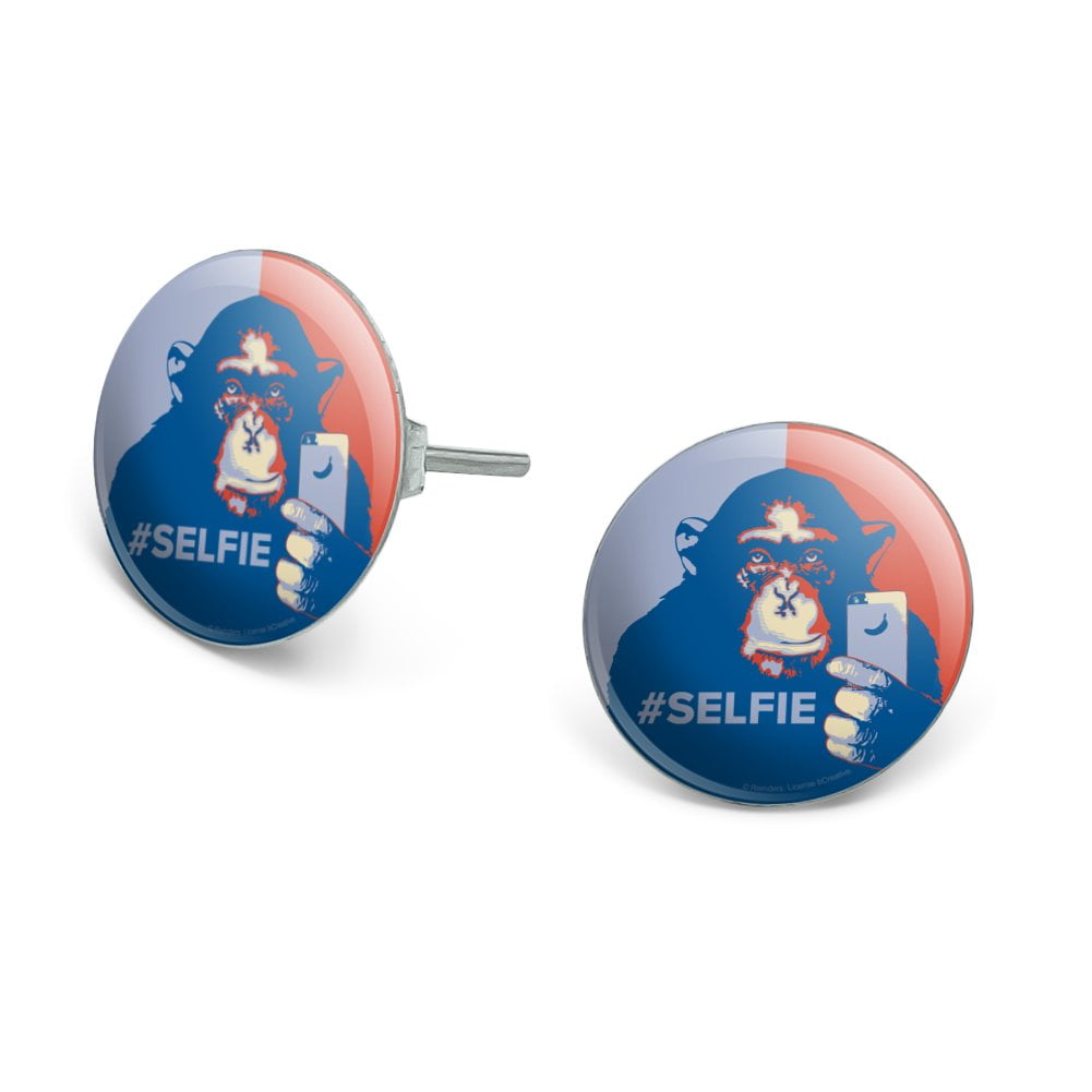 Monkey Chimp Hashtag Selfie #Selfie Novelty Silver Plated Stud Earrings ...
