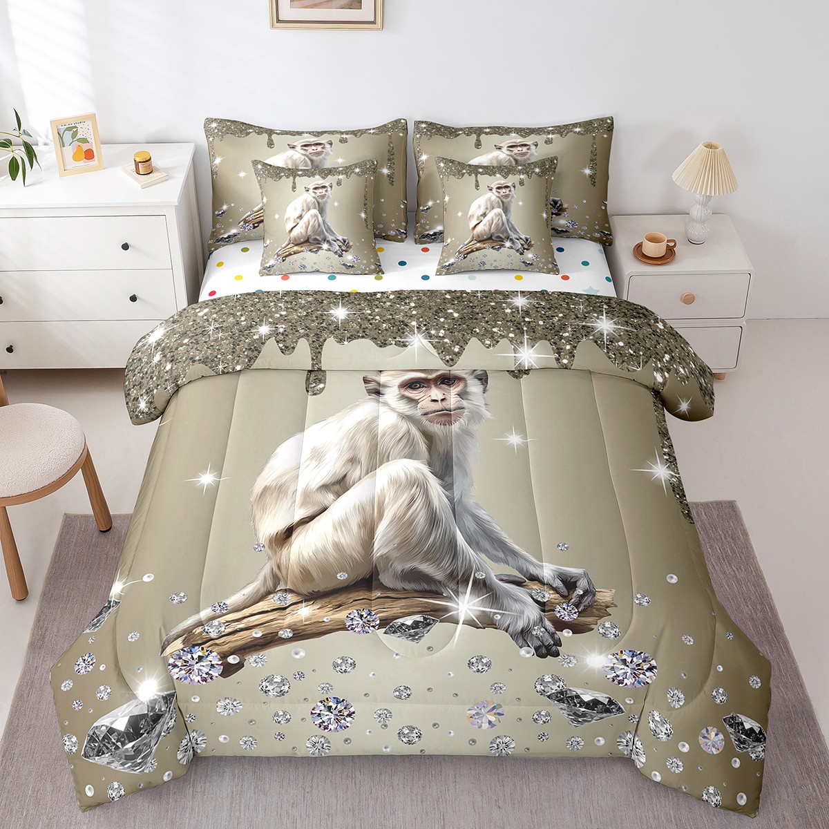Monkey Comforter Set 7 Piece Bed in a Bag Twin,Brown Sequin Fluid Art ...