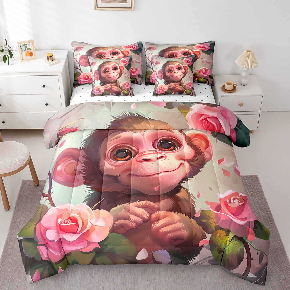 Monkey Comforter Set 7 Piece Bed in a Bag Twin,Pink Rose Bedding Sets ...
