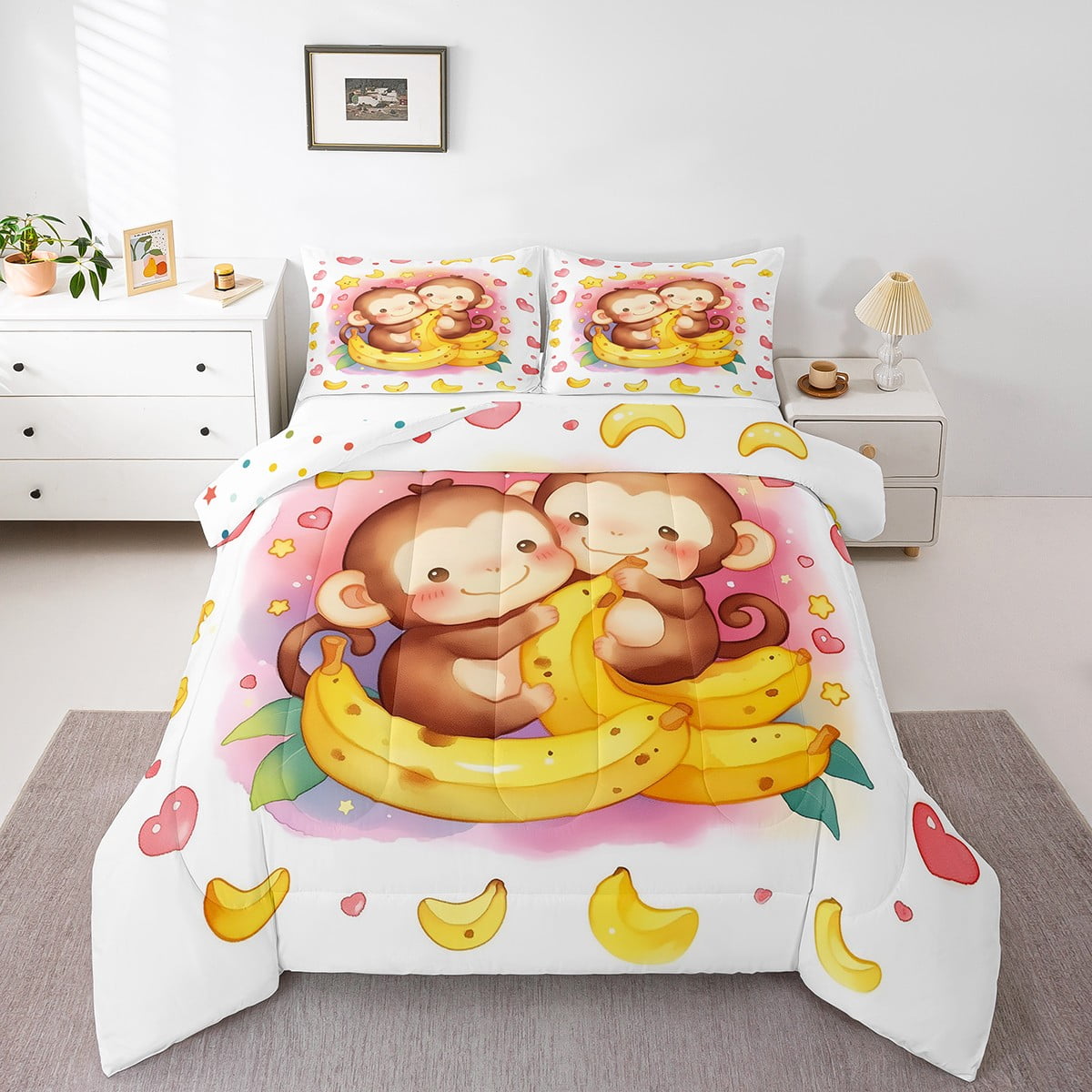 Monkey Comforter Set Yellew Banana Pattern Bedding Set,Cute Animals ...