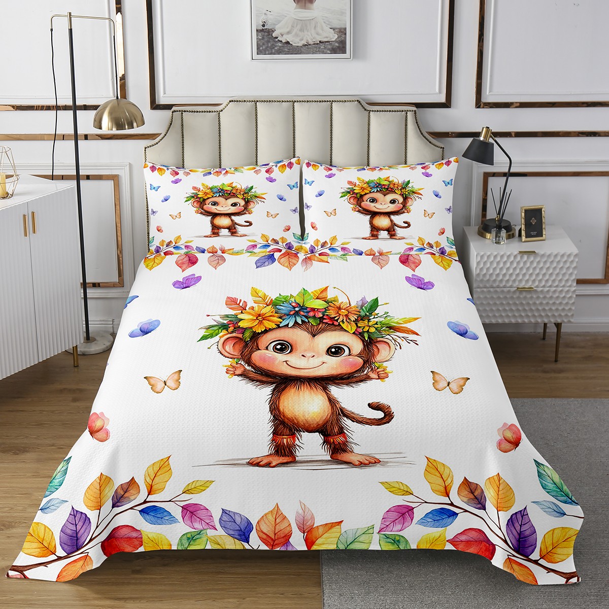 Monkey Coverlet Twin Size Watercolor Animals Bedding Set, Woodland ...
