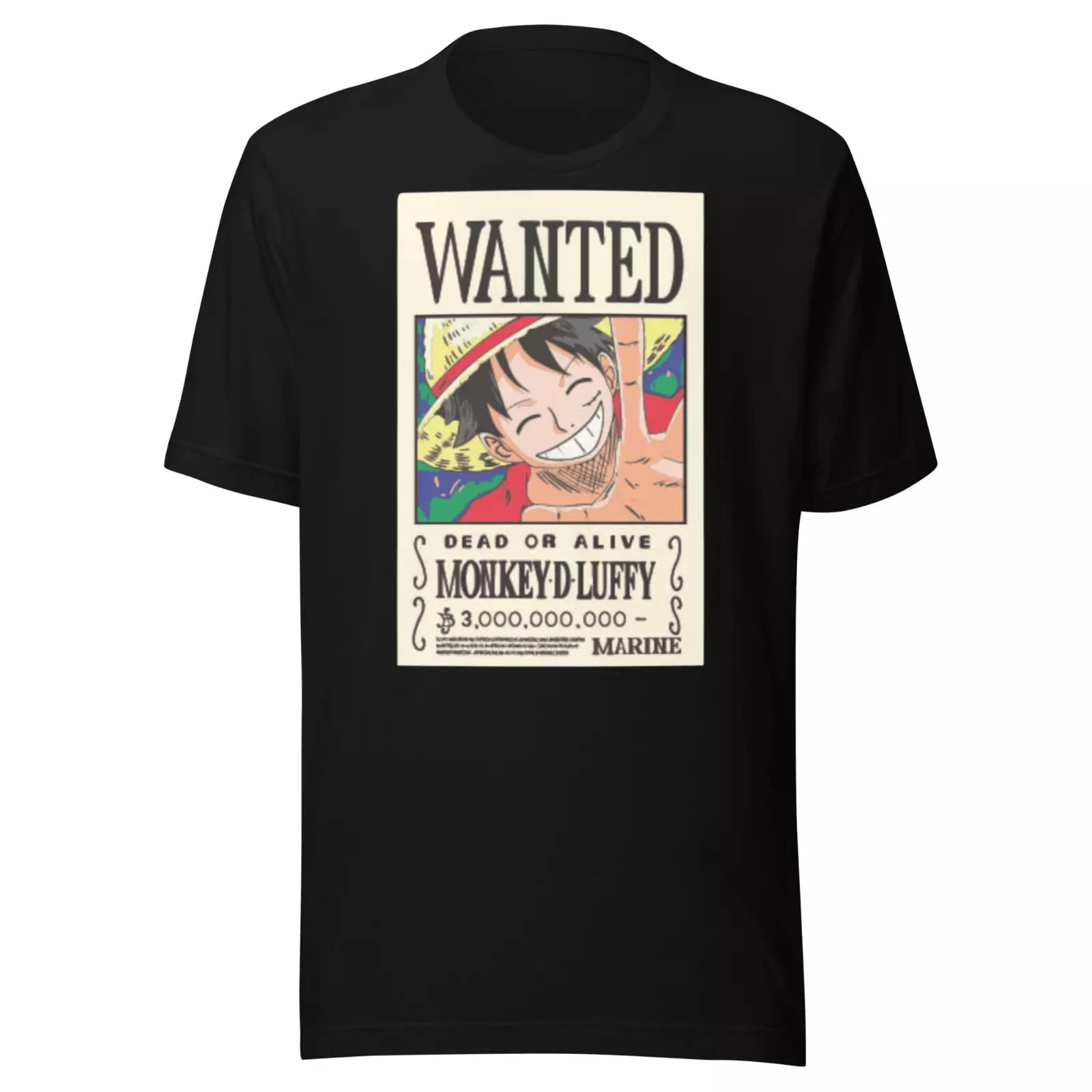 Monkey D. Luffy Tshirt Wanted Poster Short Sleeve Crew Neck Top Black ...